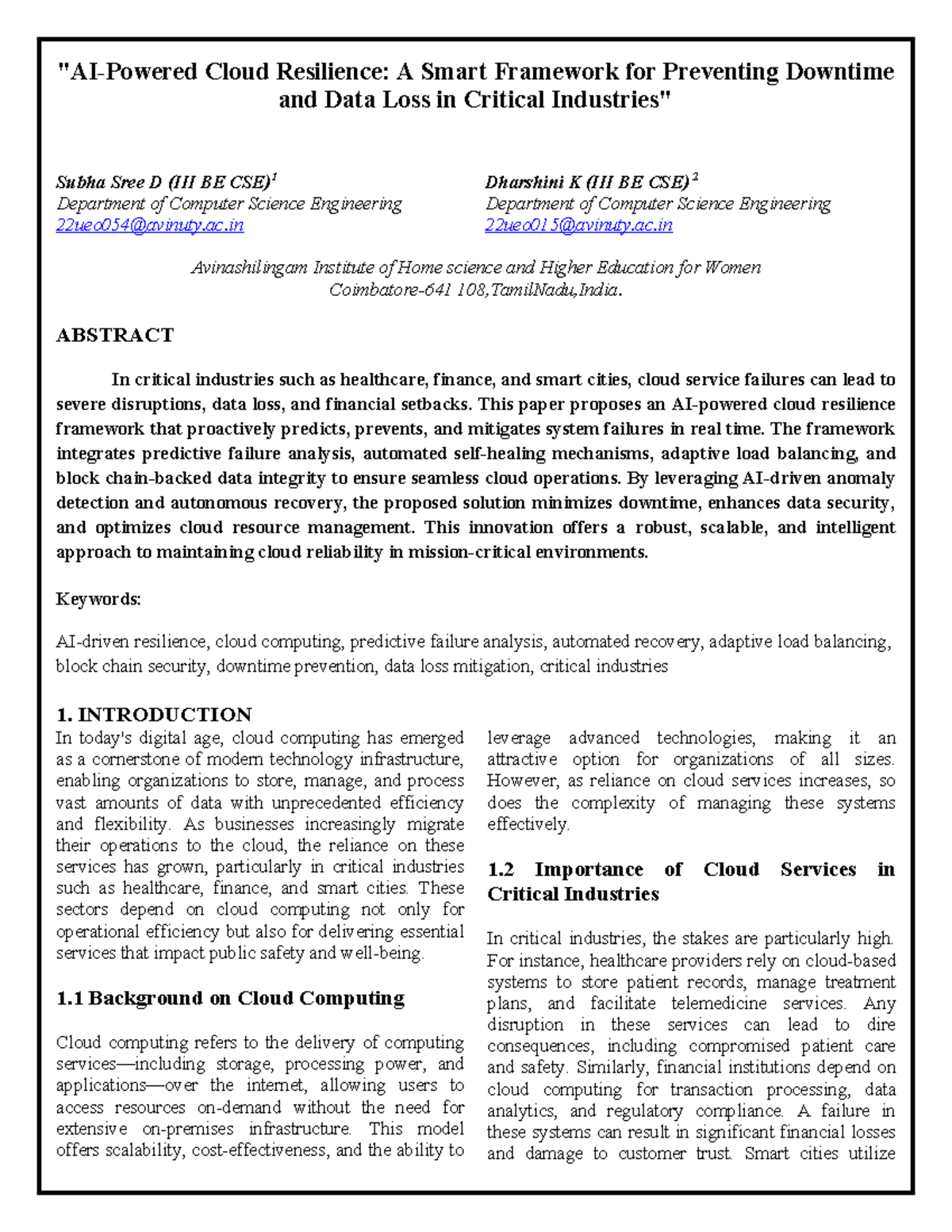 Cloud Resilience Framework for Downtime Prevention in Critical Industries (CSE - Studocu