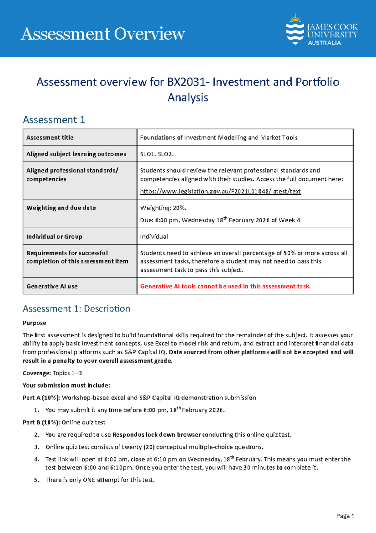 BX2031 Assessment Overview: Foundations of Investment Modelling ...