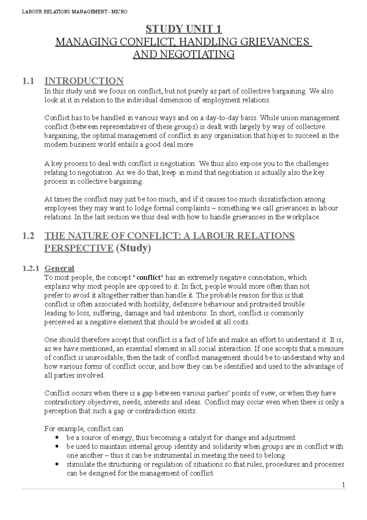 LRM3702 Notes - STUDY UNIT 1 MANAGING CONFLICT, HANDLING GRIEVANCES AND ...