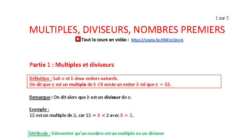 Cours de Mathématiques : Multiples, Diviseurs et Nombres Premiers - Studocu
