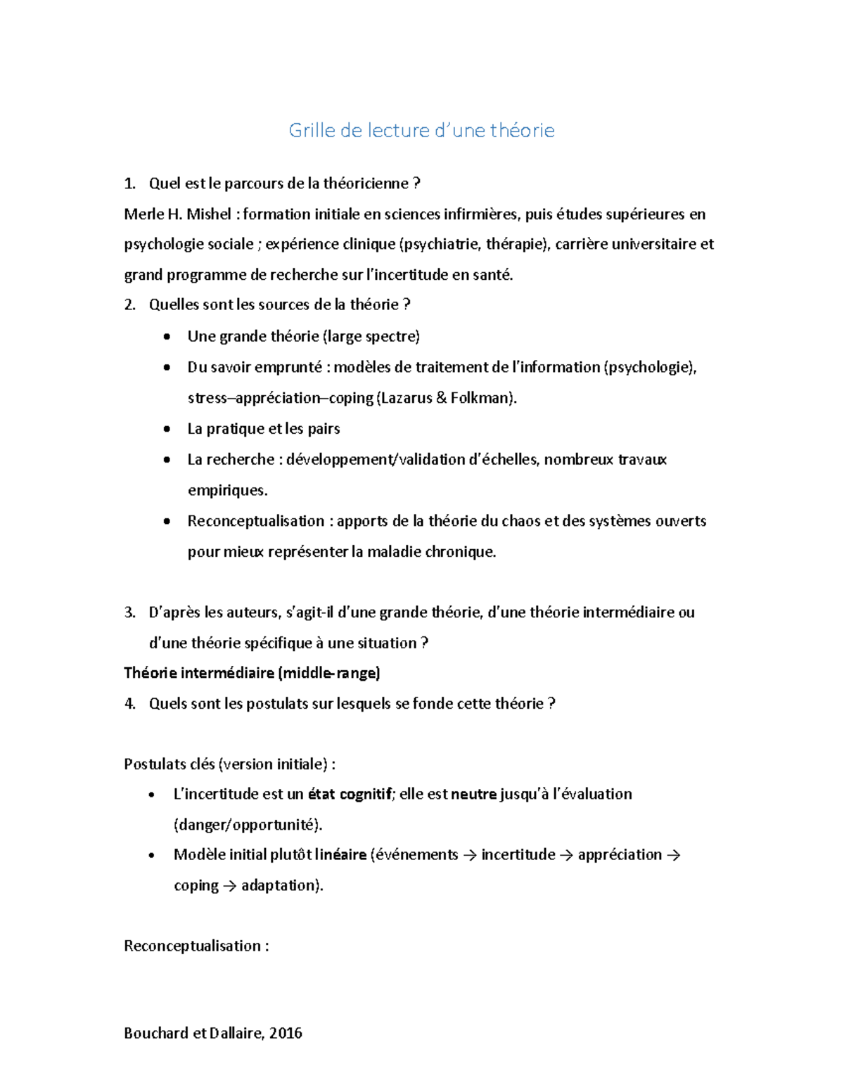 Cours 3 - Théorie et Grille de Lecture de Merle H. Mishel - Studocu