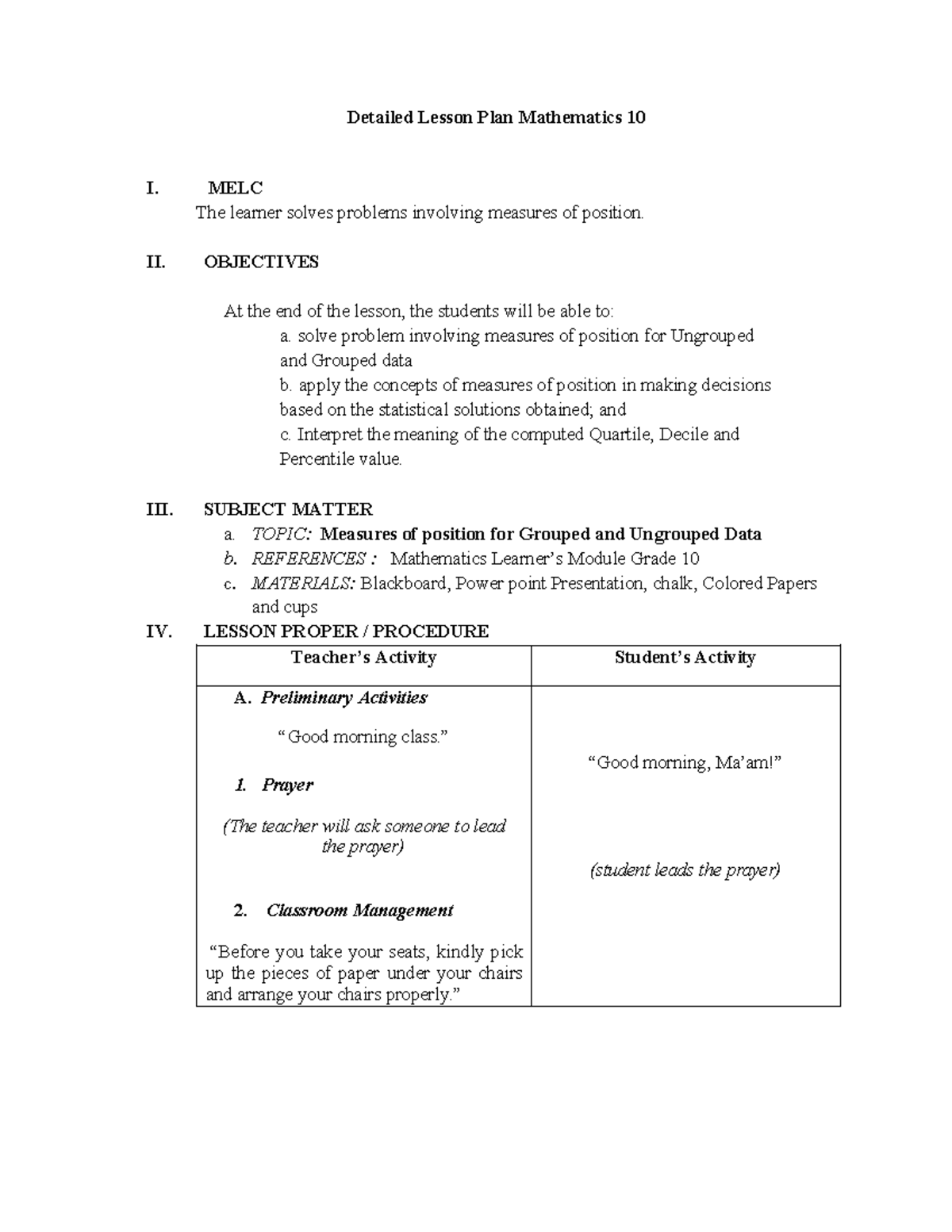 Mathematics 10 I: Detailed Lesson Plan on Measures of Position - Studocu