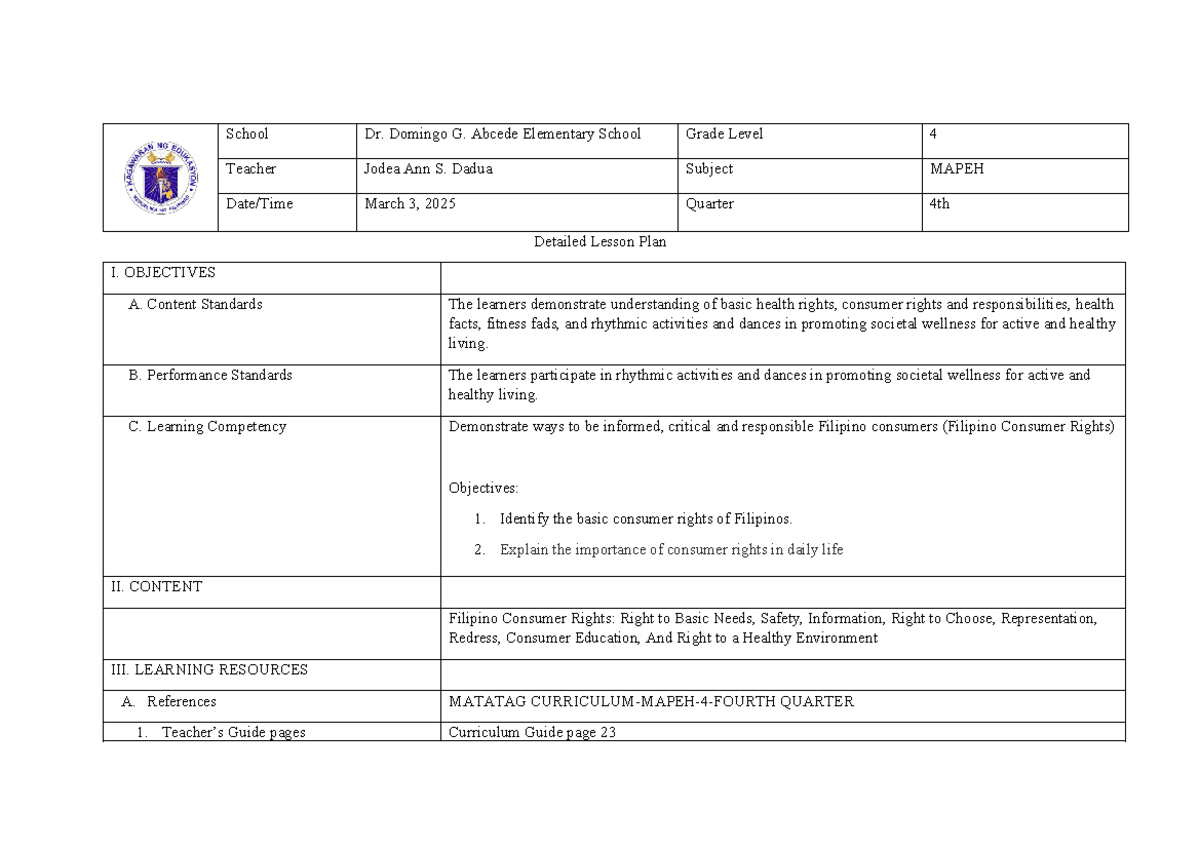 MAPEH 4 DLP: Understanding Filipino Consumer Rights and ...