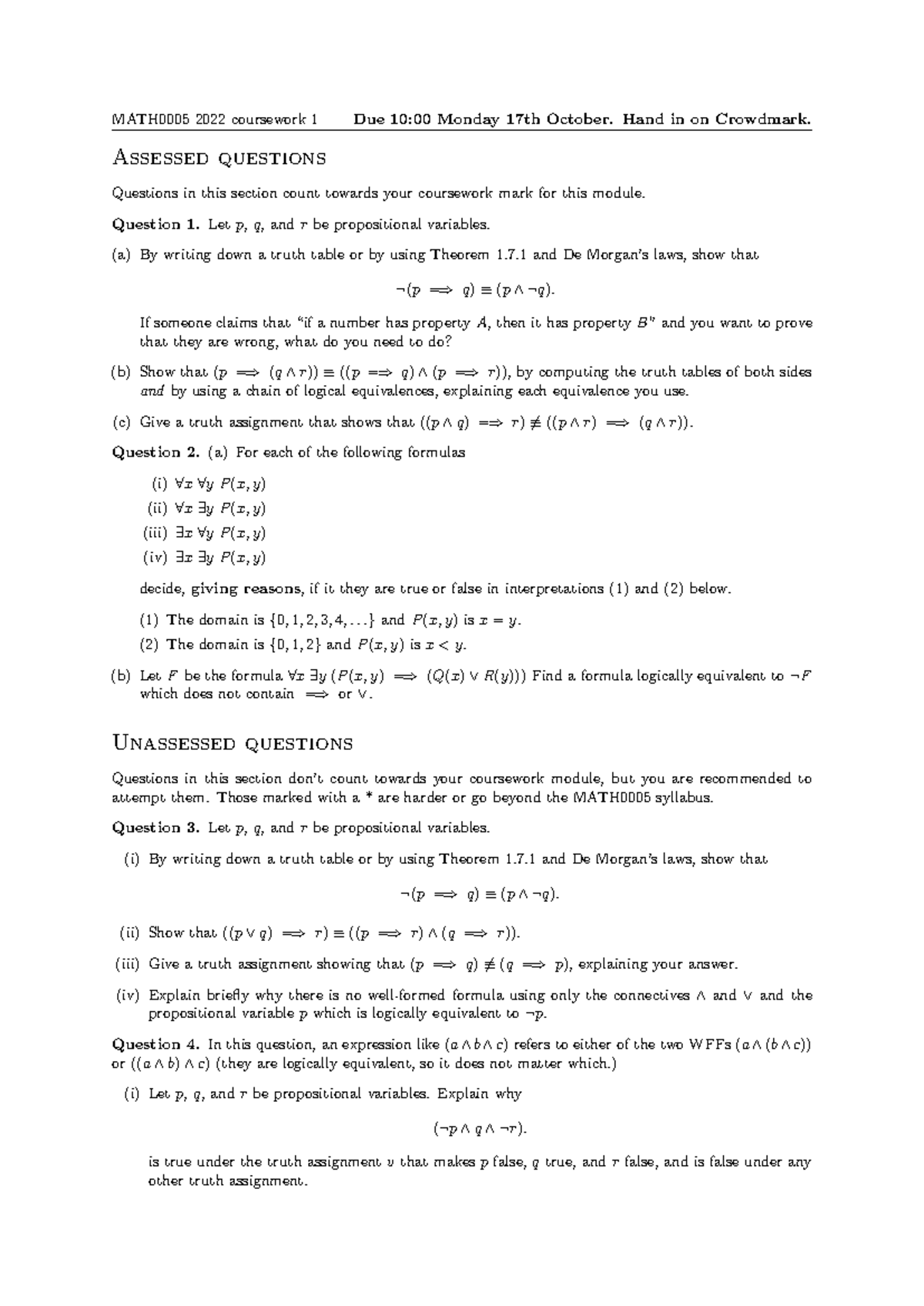 MATH0005 Algebra 1 Coursework 1: Assessed Questions and Answers - Studocu
