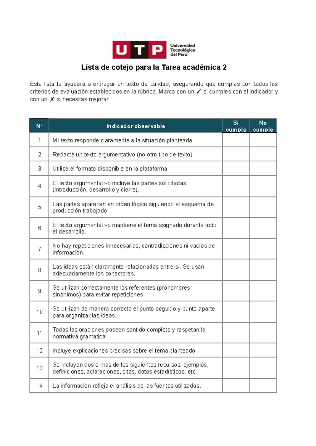 Lista de Cotejo para Tarea Académica 2 - A16E - Studocu