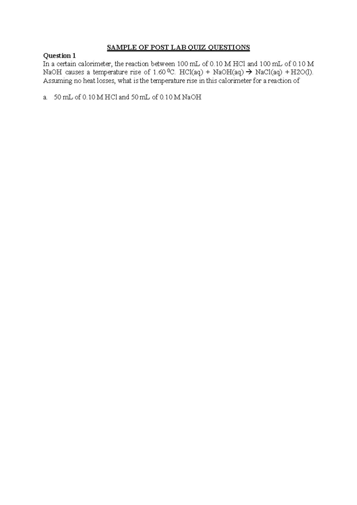 Sample Post Lab Quiz Questions only - SAMPLE OF POST LAB QUIZ QUESTIONS ...