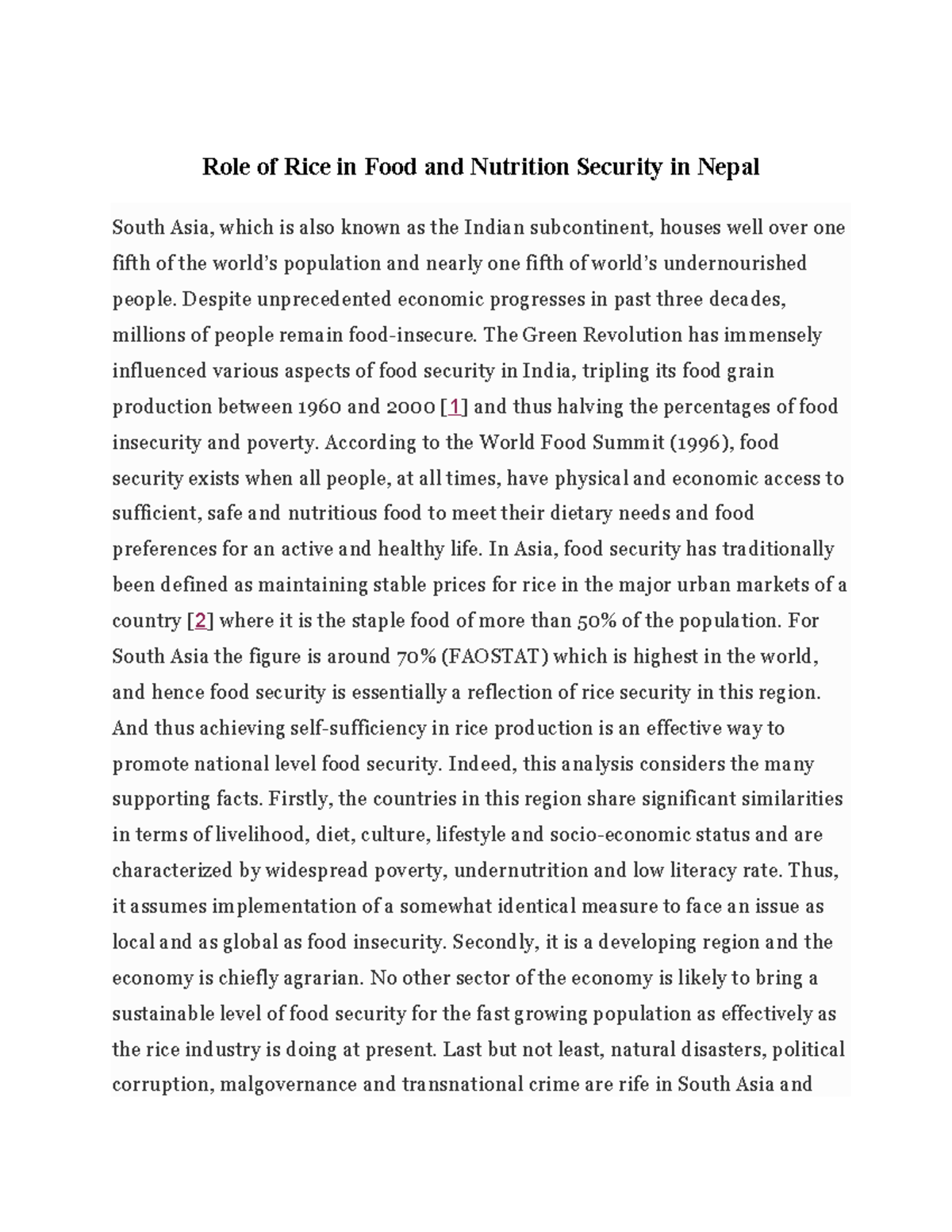 Role of Rice in Food and Nutrition Security in Nepal - Despite ...