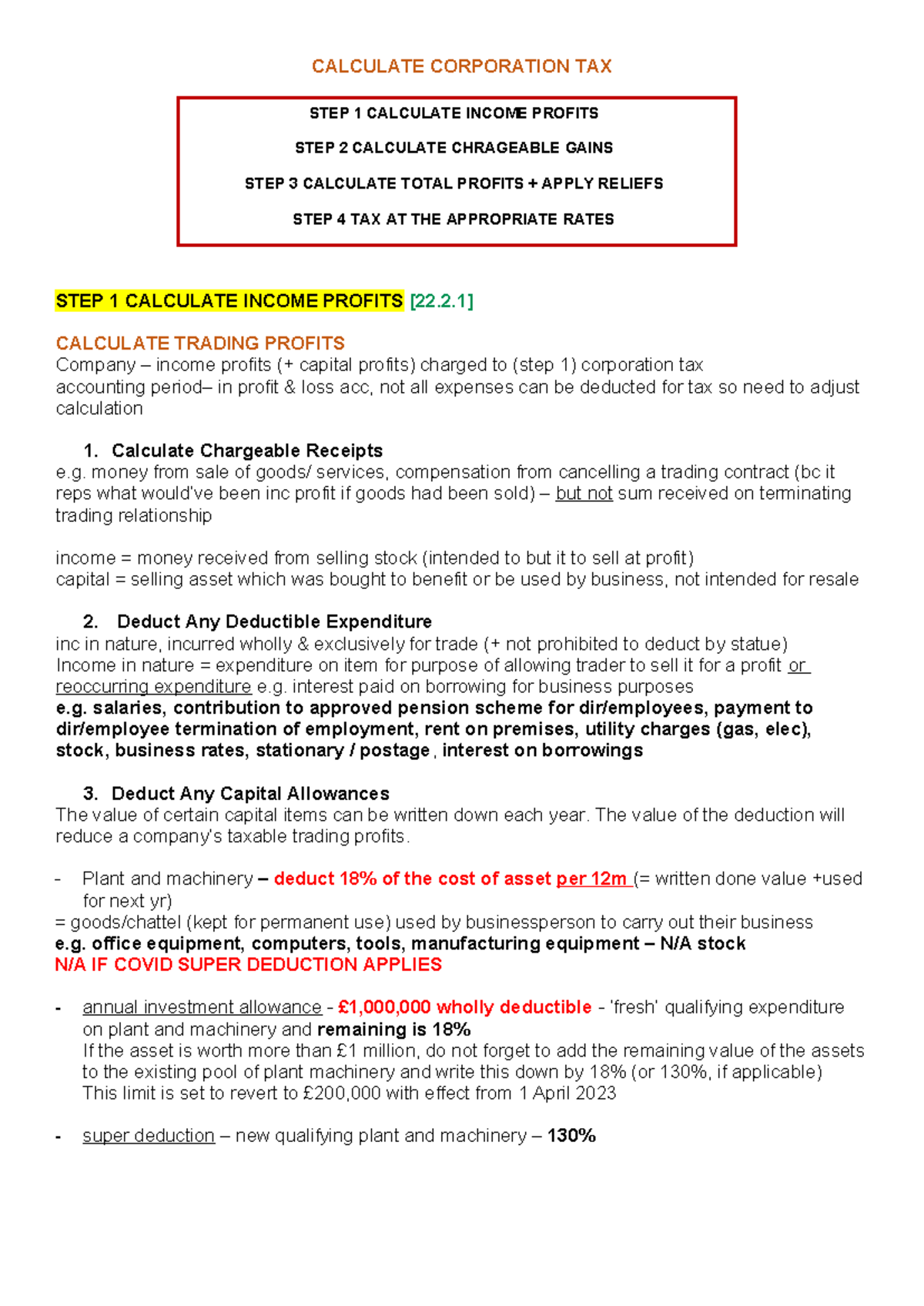 Corporation Tax Calculation Framework - Detailed Guide - Studocu