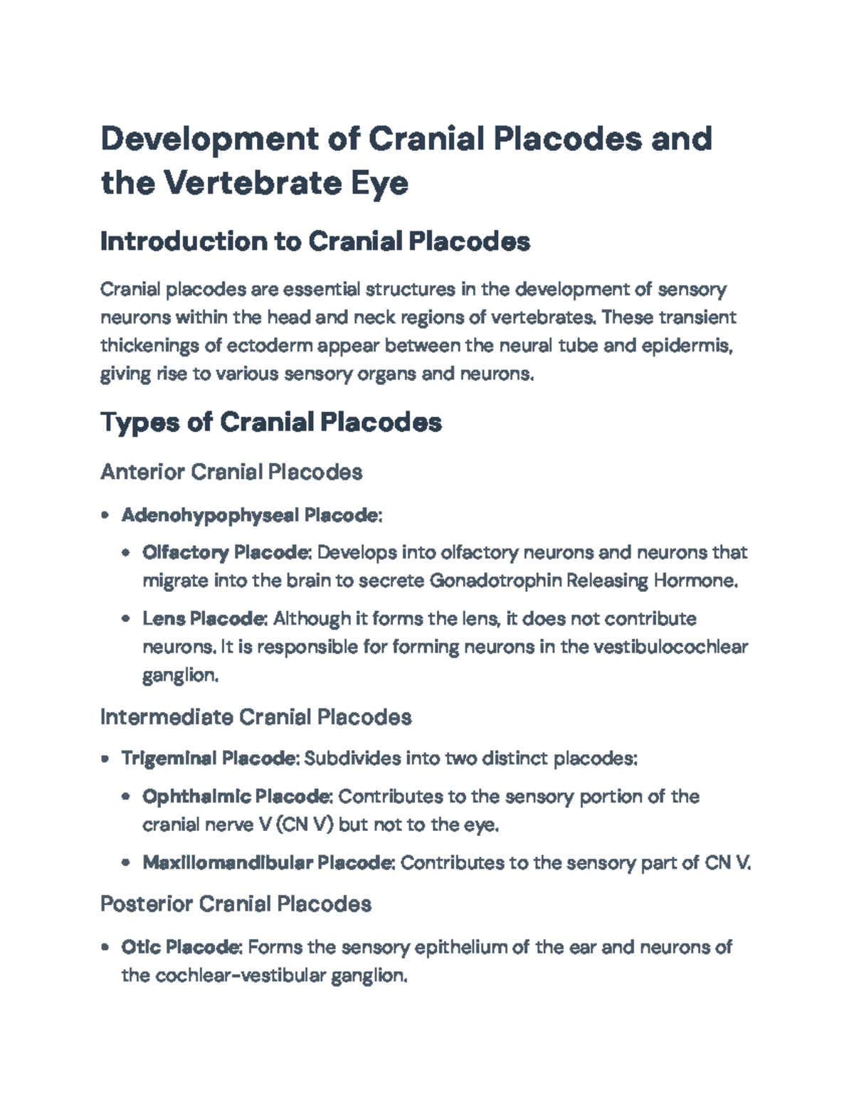 Development of Cranial Placodes and the Vertebrate Eye (BIO 101 ...