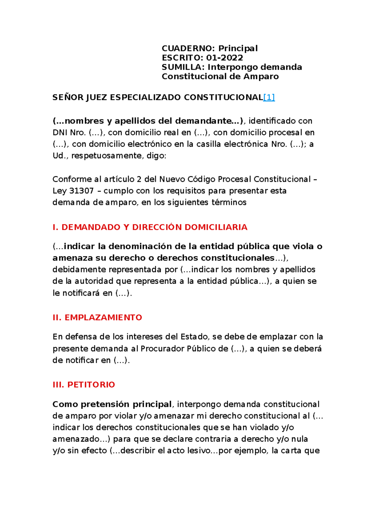 Demanda Constitucional de Amparo: Modelo y Procedimiento Legal - Studocu