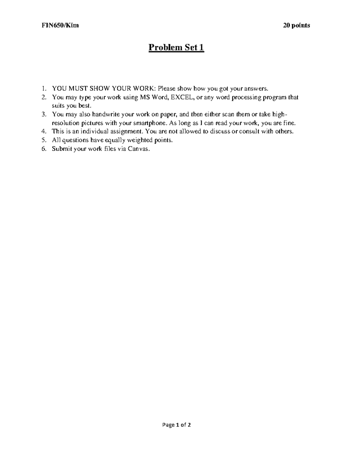 FIN650 Problem Set 1 - Investment Return Calculations - FIN650/Kim 20 ...