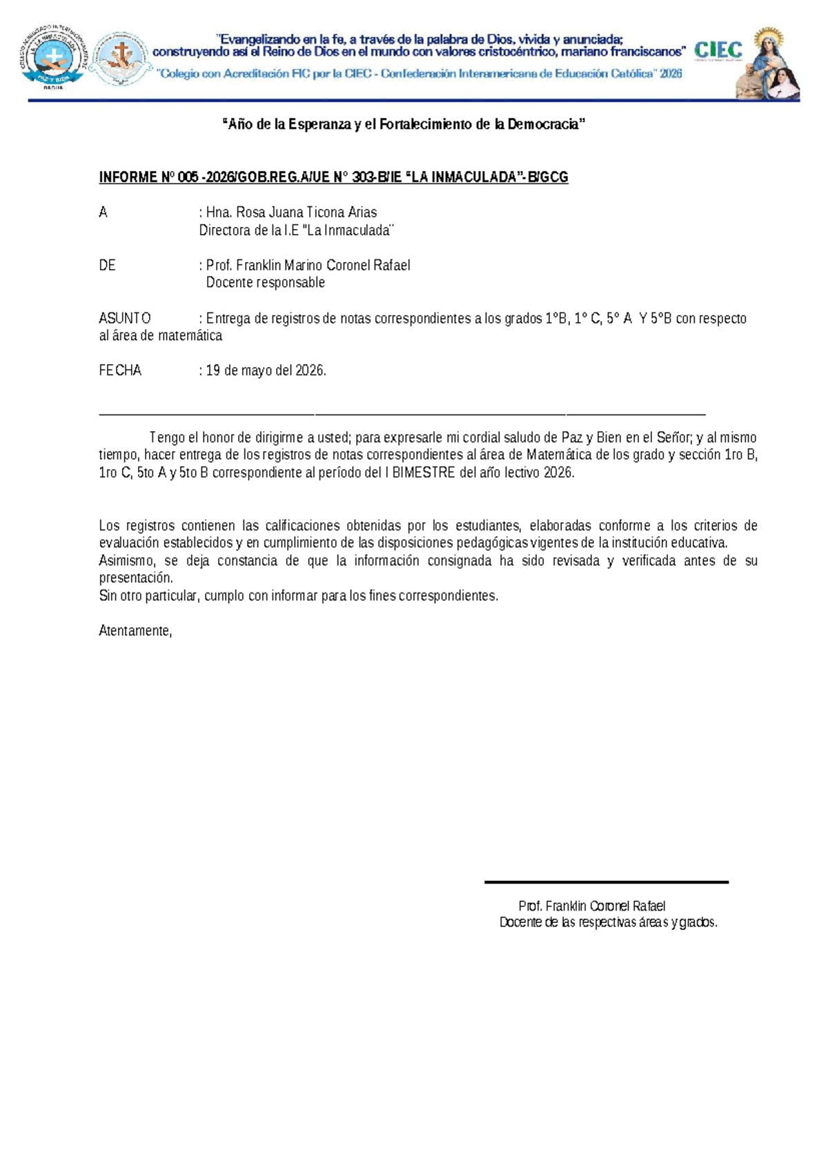 Informe de Notas de Matemática - I BIMESTRE 2026 - Studocu