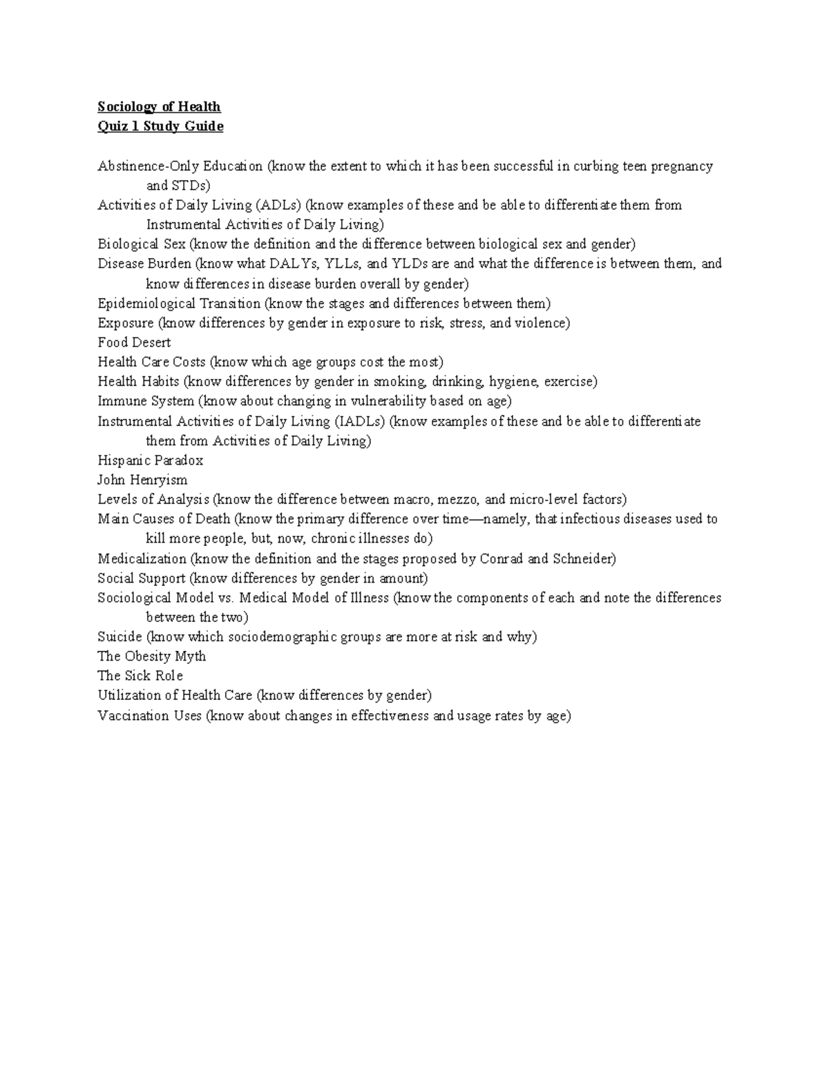 Sociology of Health (Course Code) Quiz 1 Study Guide Notes - Sociology ...