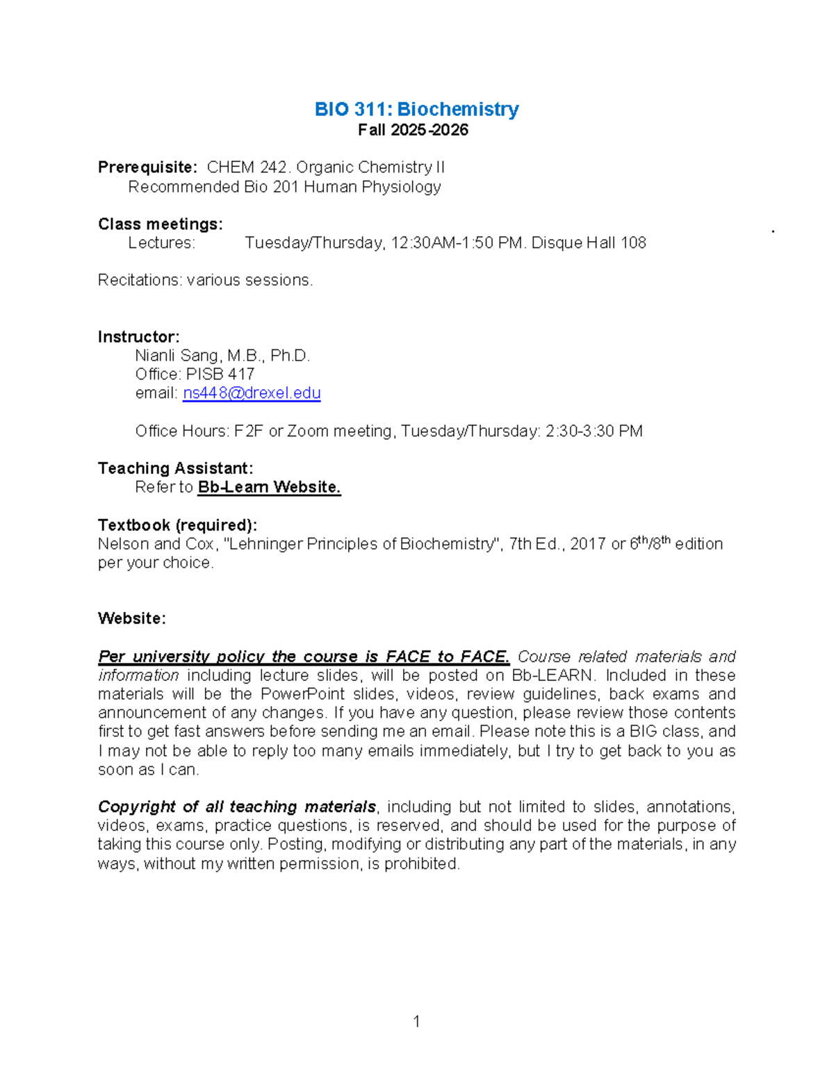 BIO 311: Biochemistry Fall Syllabus and Course Overview - Studocu