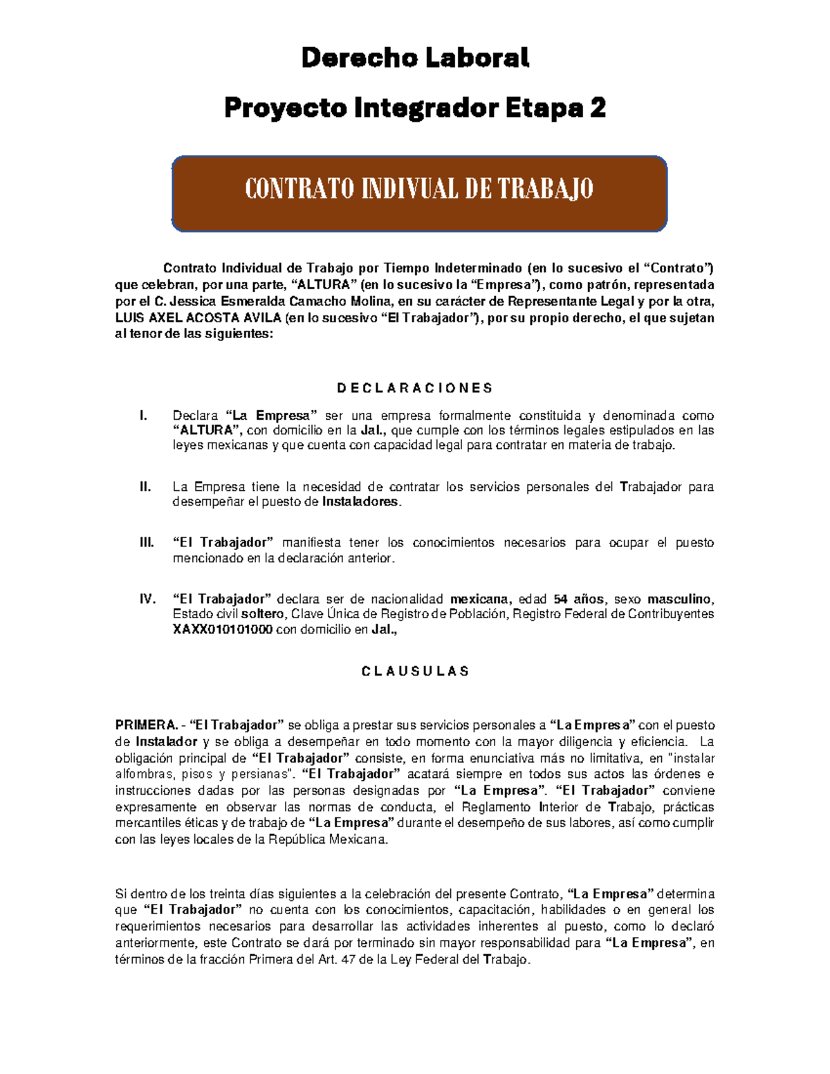A5 EQ - Actividad 5 Proyecto Integrador Etapa 2 - Derecho Laboral Proyecto Integrador Etapa 2 ...