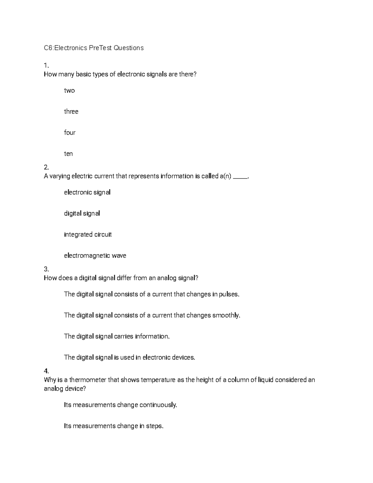 C6: Electronics PreTest Review Questions and Answers - Studocu