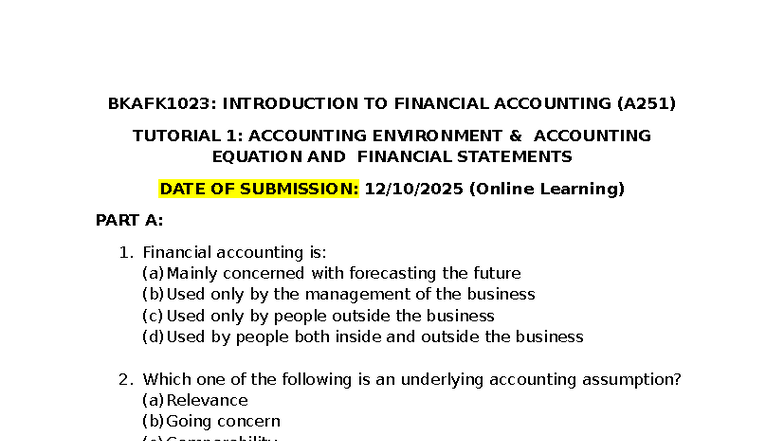 BKAFK1023: Financial Accounting Tutorial 1 - Accounting Basics - Studocu