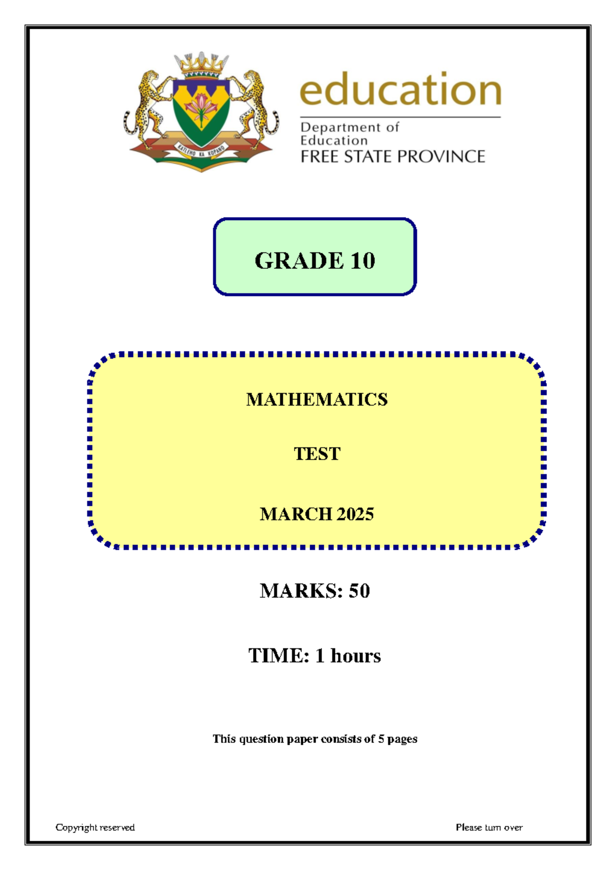 NSC GRADE 10 MATH TEST MARCH 2025 - 50 MARKS, 1 HOUR - Studocu