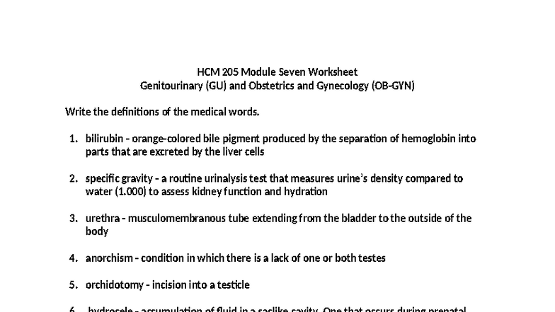 HCM 205 Module 7 Worksheet: GU & Obstetrics/Gynecology Terms - Studocu