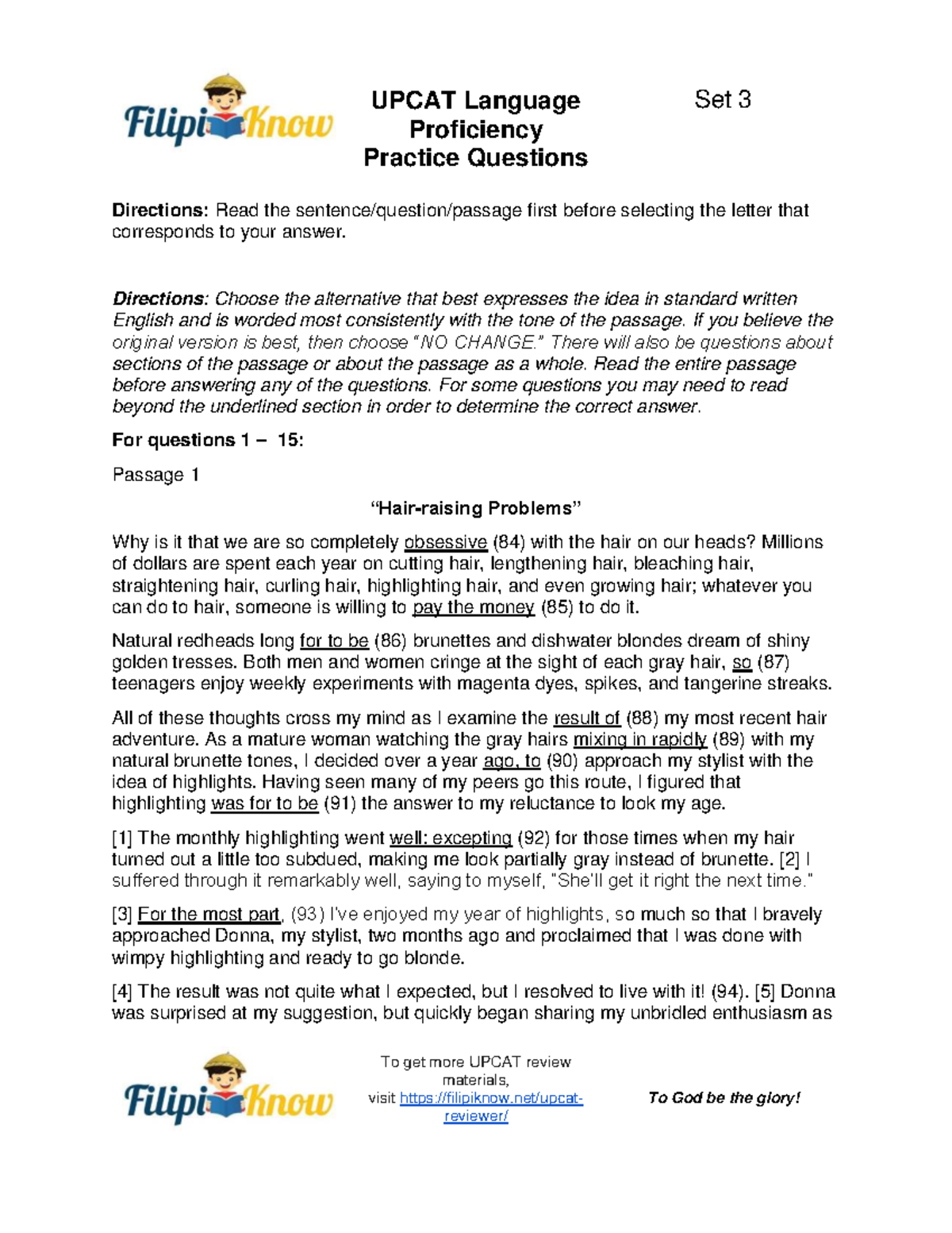UPCAT Language Proficiency Practice Questions Set 3: Comprehensive ...