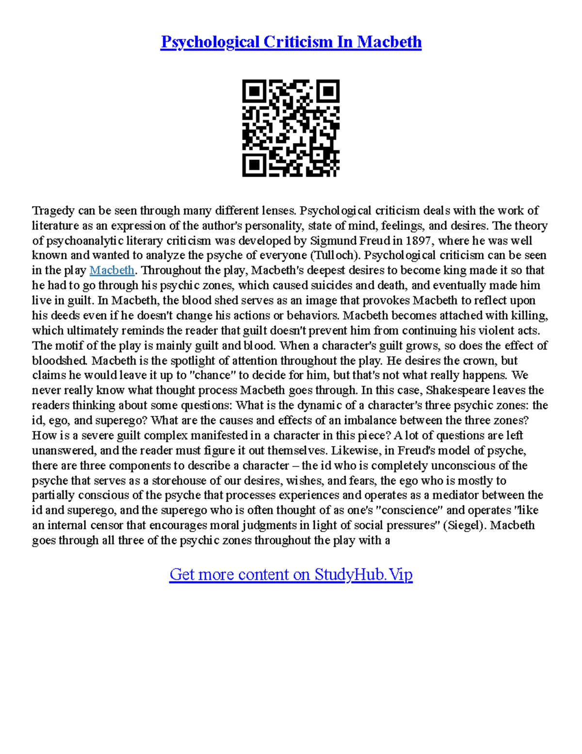 Critical Essay: Psychological Analysis of Macbeth (ENG101) - Studocu