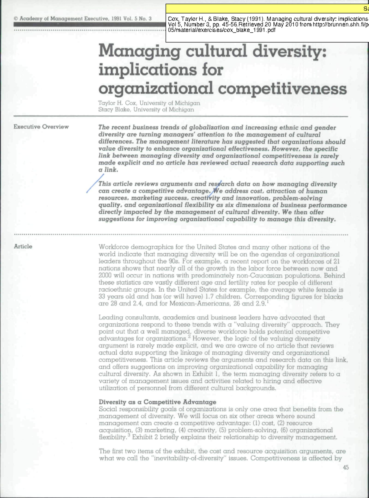 Cox Blake - Managing cultural diversity, 1991 - Academy of Management ...