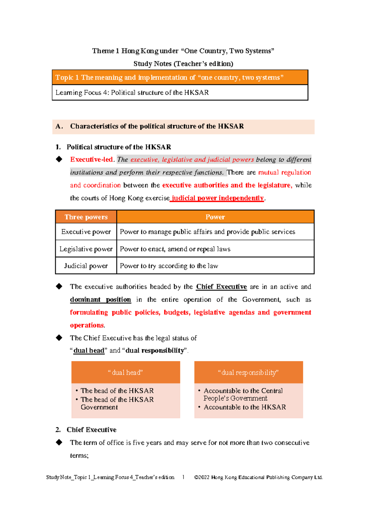 Teacher’s Edition Study Notes: Political Structure of HKSAR (Topic 1 ...