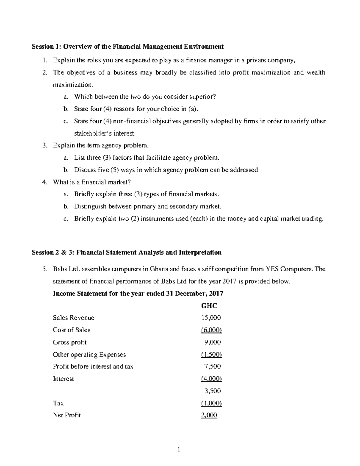 FINC 301 - Tutorial Set 1: Overview of Financial Management & Analysis ...
