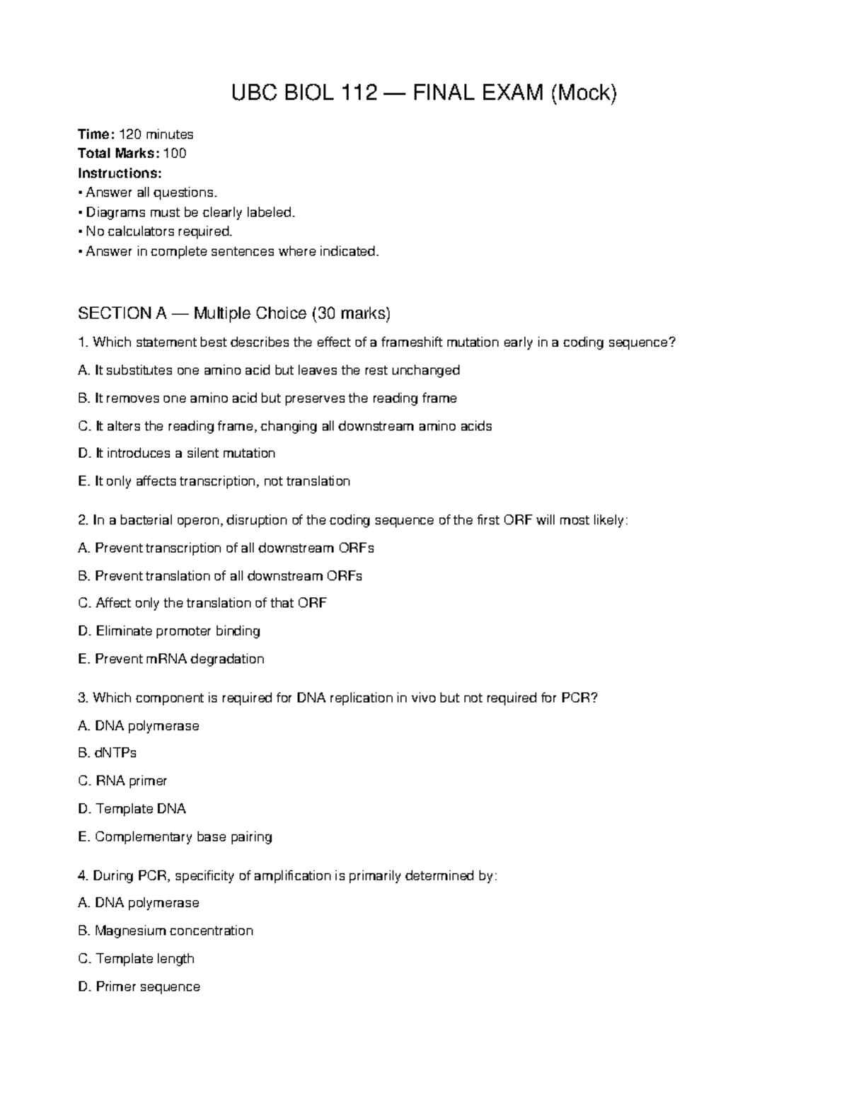 UBC BIOL 112 Final Mock Exam Review and Practice Questions - Studocu