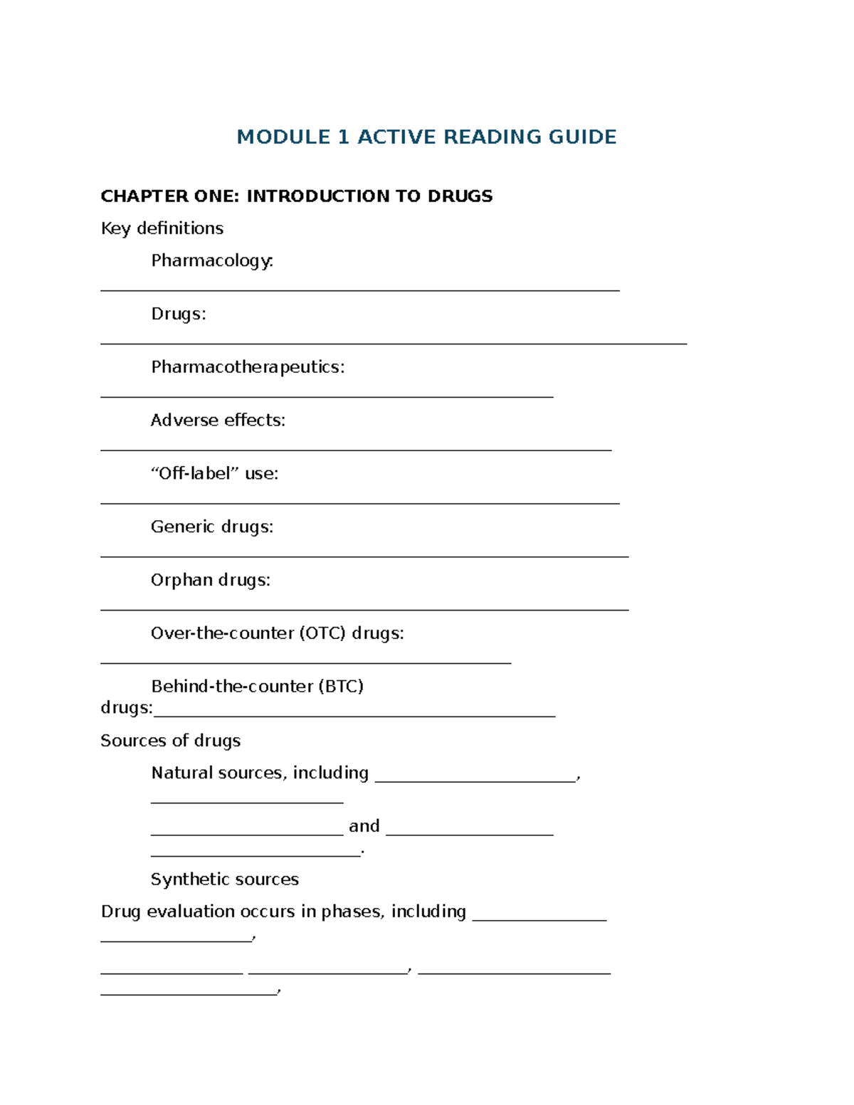 PHM 101 Module 1 Active Reading Guide: Intro to Drugs & Effects - Studocu