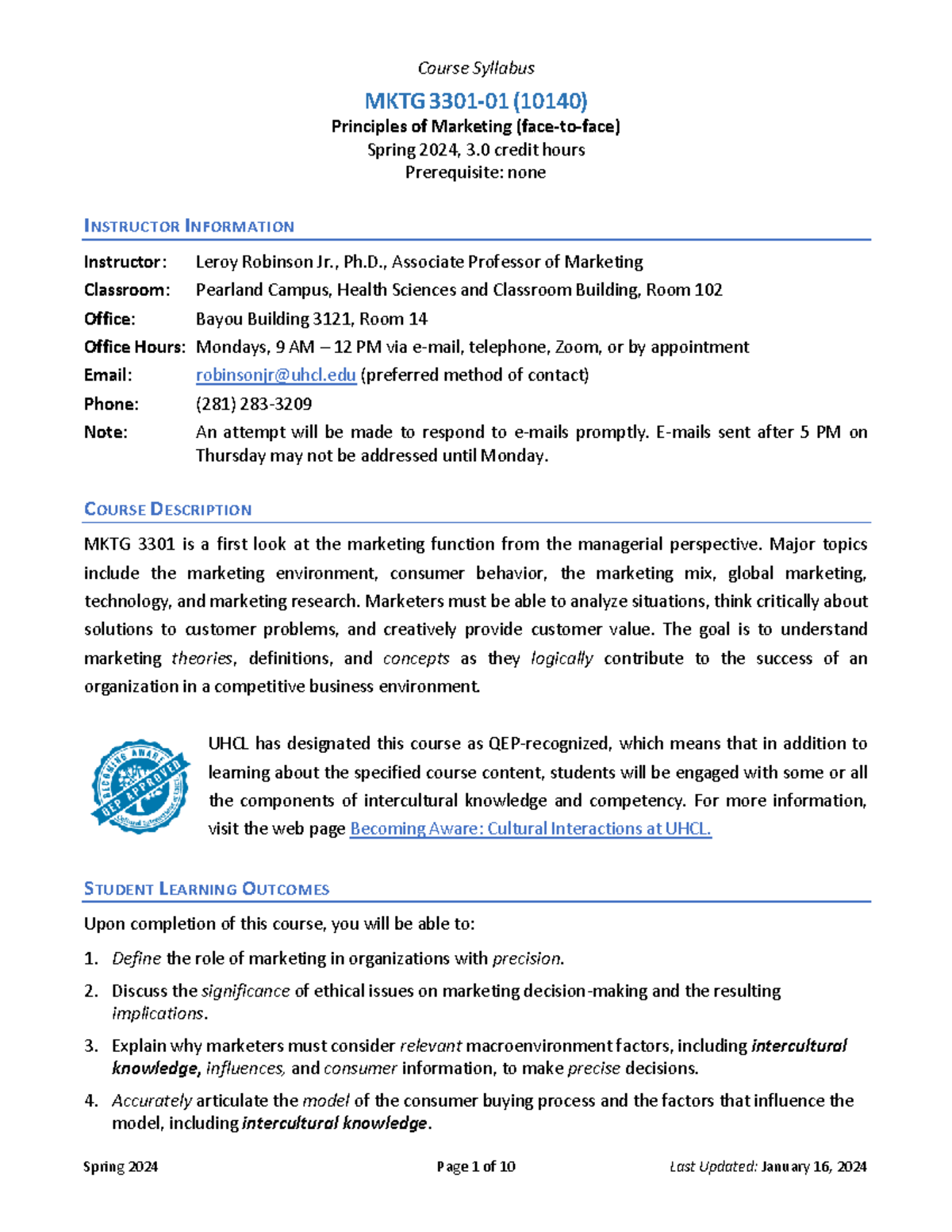 3301 Syllabus F2F - ddd - Course Syllabus MKTG 3301 - 01 ( 10140 ...