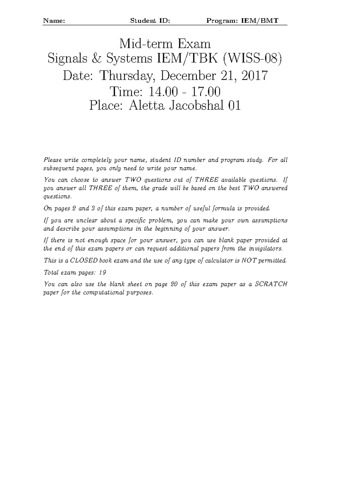 Midterm Exam Solutions for Signals & Systems IEM/TBK (WISS-08) 2017 ...