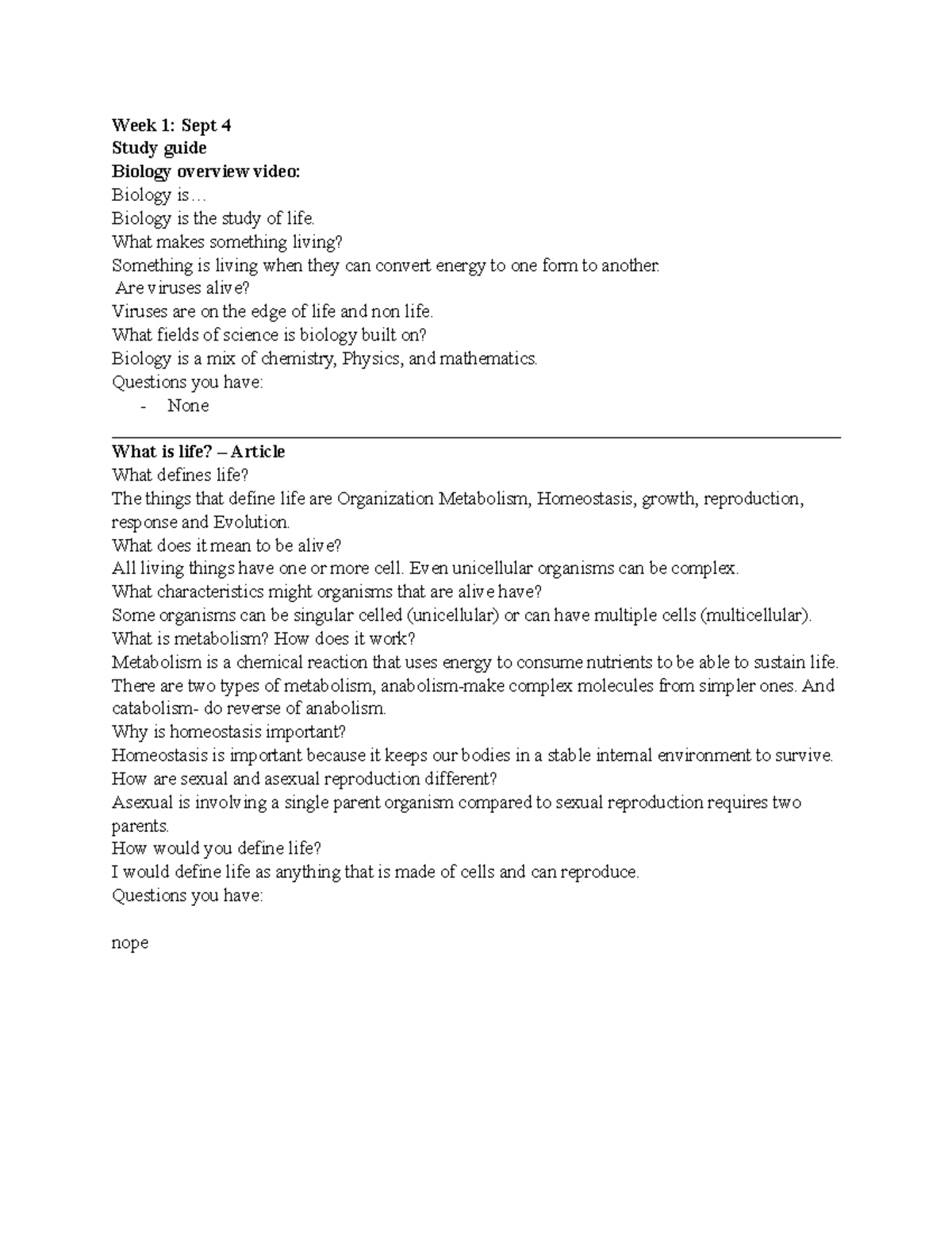 BIOL101 Week 1 Lecture Notes: Overview of Life and Biology - Studocu