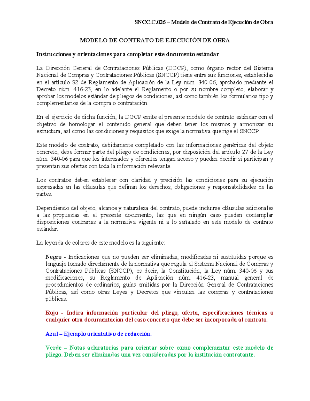 SNCC.C.026 Modelo de Contrato de Ejecución de Obra - Instrucciones y ...