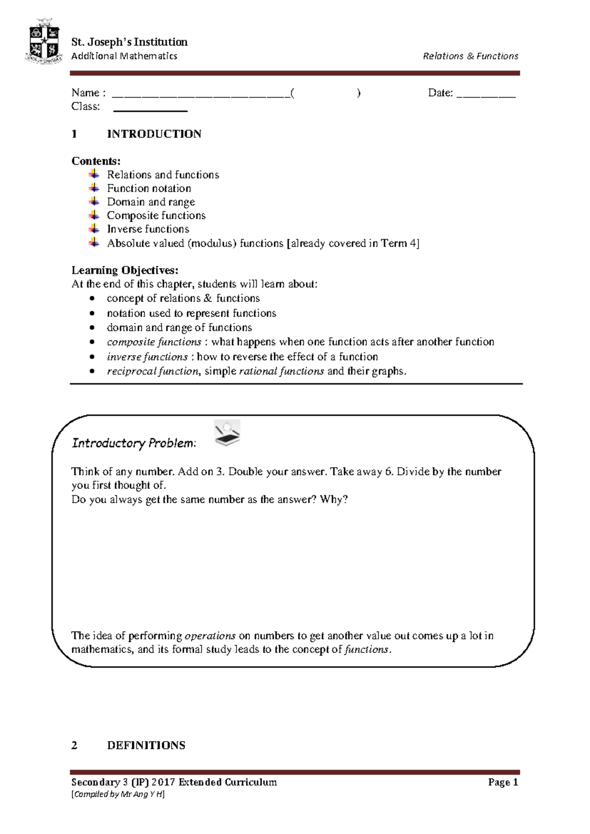 Sec 4 (IP) Relations and Functions 2017 - Additional Mathematics ...