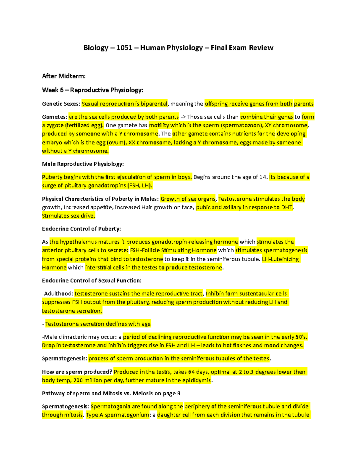 Human Physiology BIO-1051 Final Exam Prep: Key Concepts and Notes - Studocu