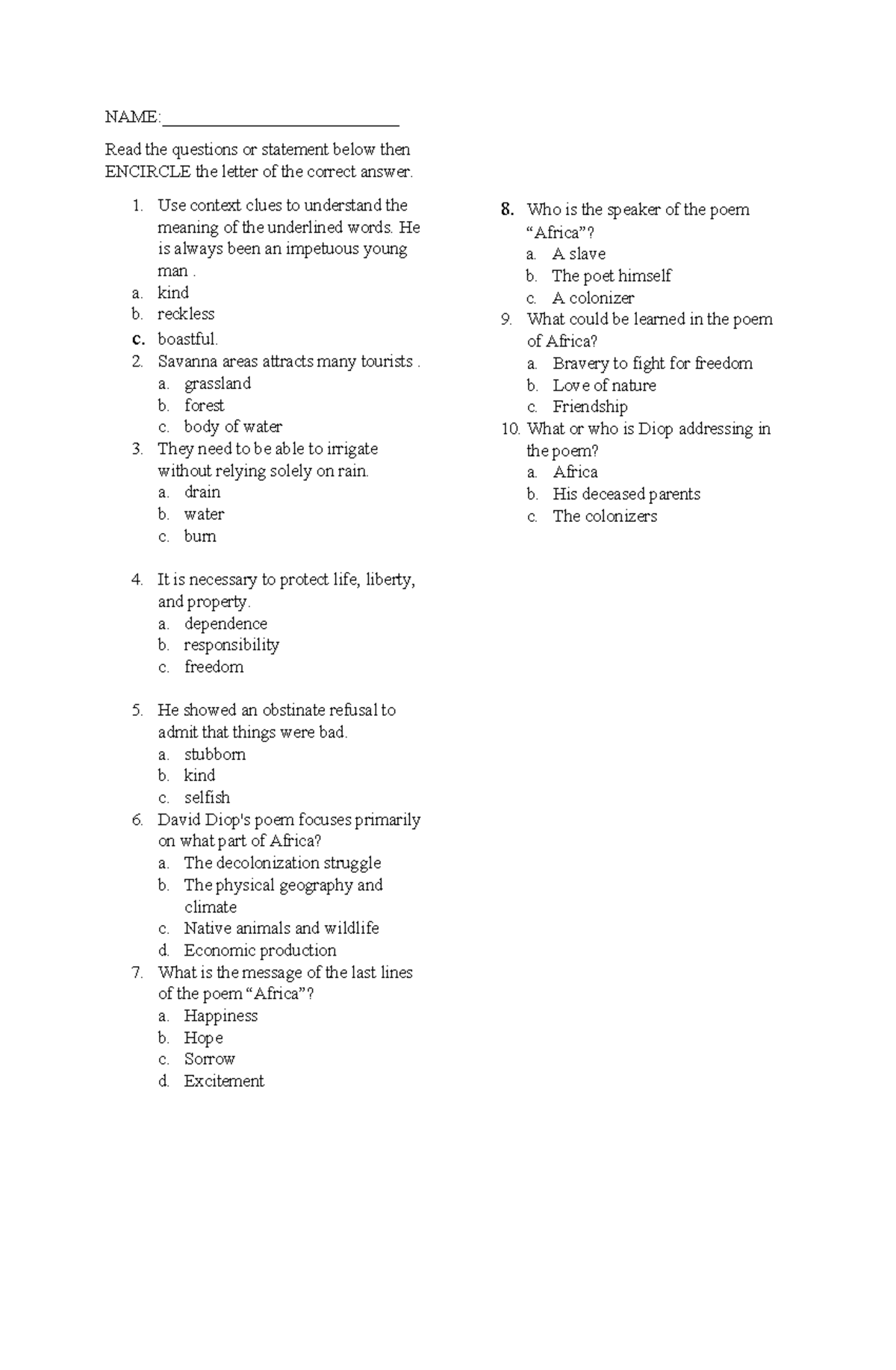 Grade 8 - Lesson Exam: Understanding Context and Poetry Analysis - Studocu