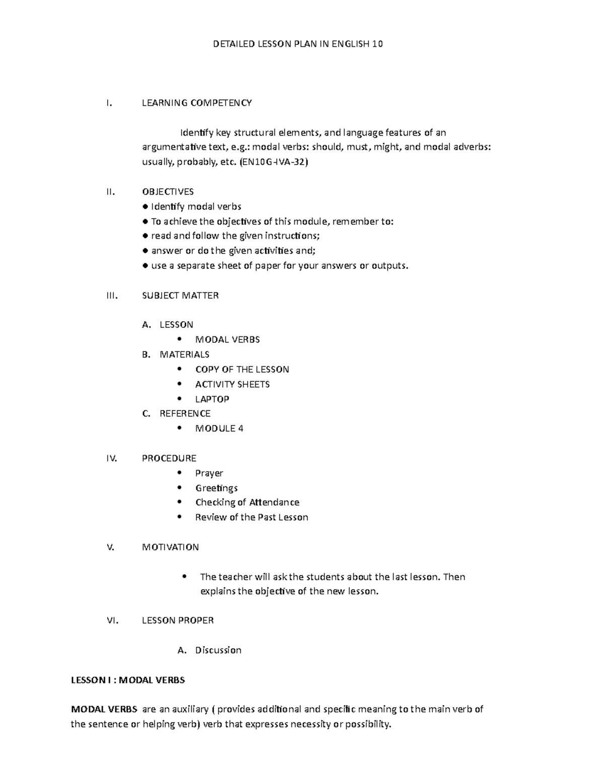 DLP ENG 10 Modal Verbs and Adverbs Lesson Plan - Educational Use - Studocu