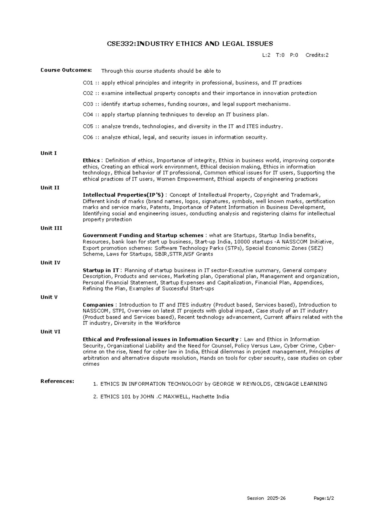 CSE332: Industry Ethics & Legal Issues - Syllabus Overview - Studocu