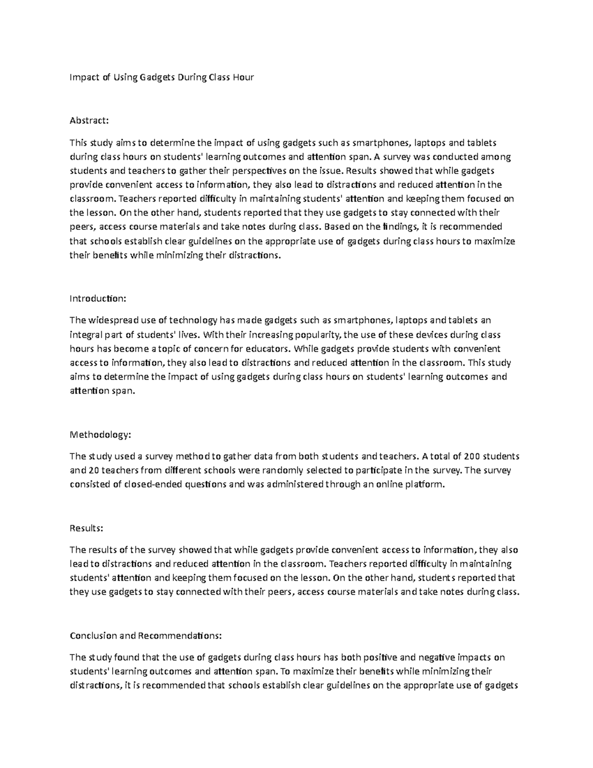 Action Research - Impact of Using Gadgets During Class Hour Abstract ...