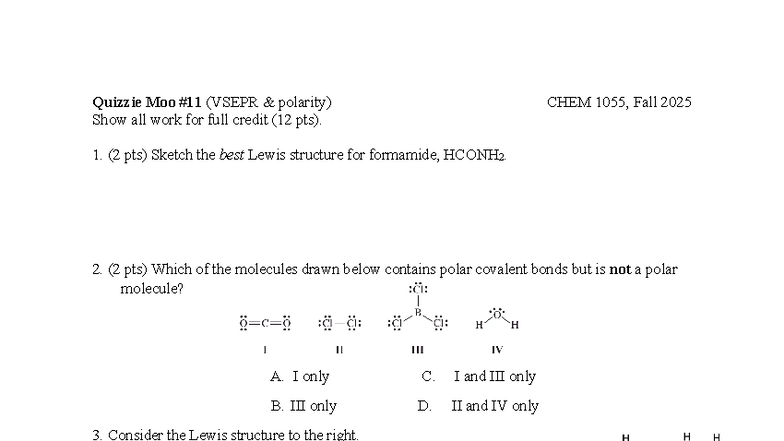 CHEM 1055 Quiz #11: VSEPR Theory & Molecular Polarity Analysis - Studocu
