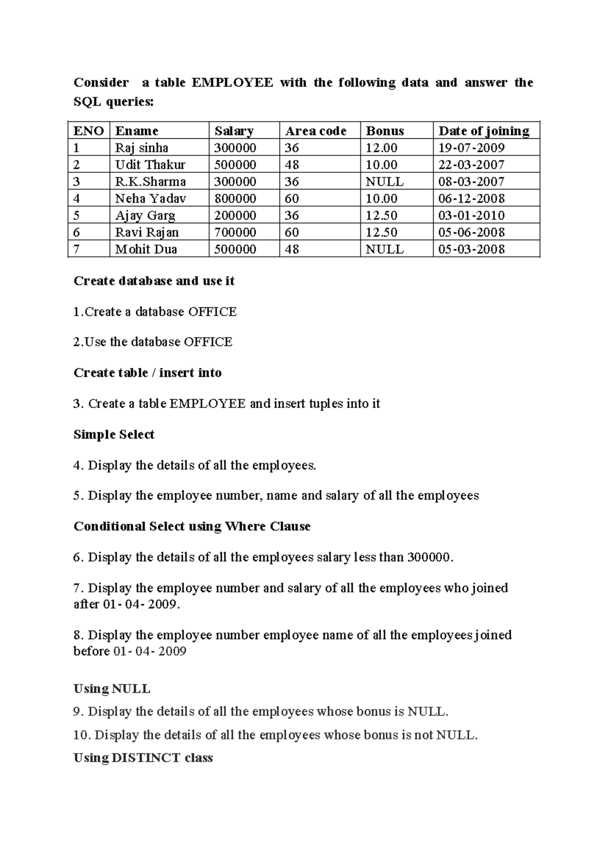 Class-12-CBSE-MySQL Worksheet: SQL Queries on EMPLOYEE Table - Studocu