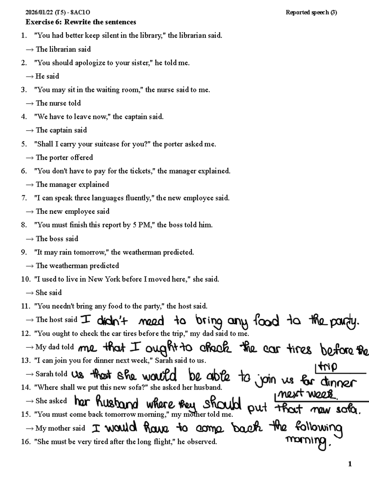 (T5) 8AC1O Reported Speech Exercises: Sentence Rewrites - Studocu
