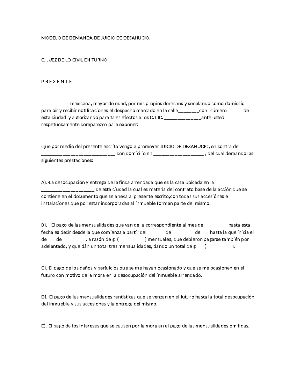 Demanda de Juicio de Desahucio - Modelo y Procedimientos - Studocu
