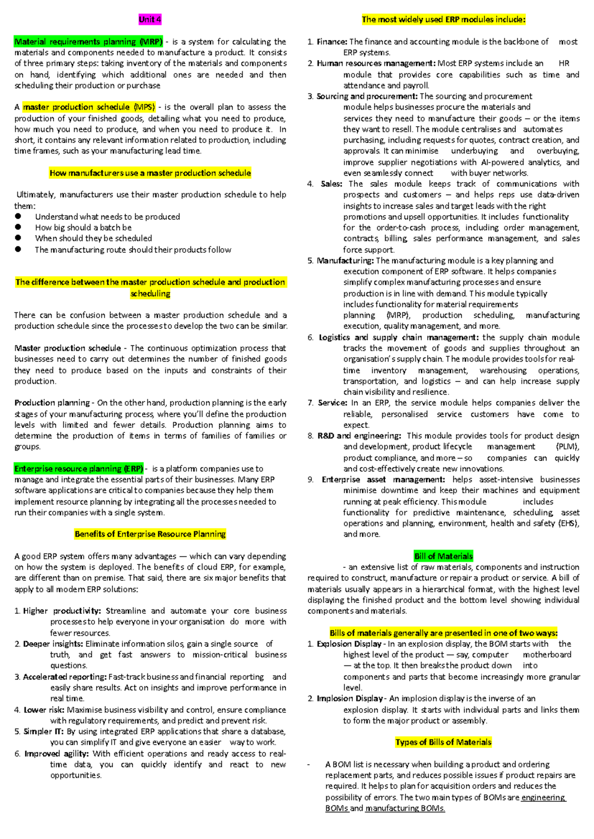Unit 4: Key ERP Modules and Inventory Management Insights - Studocu