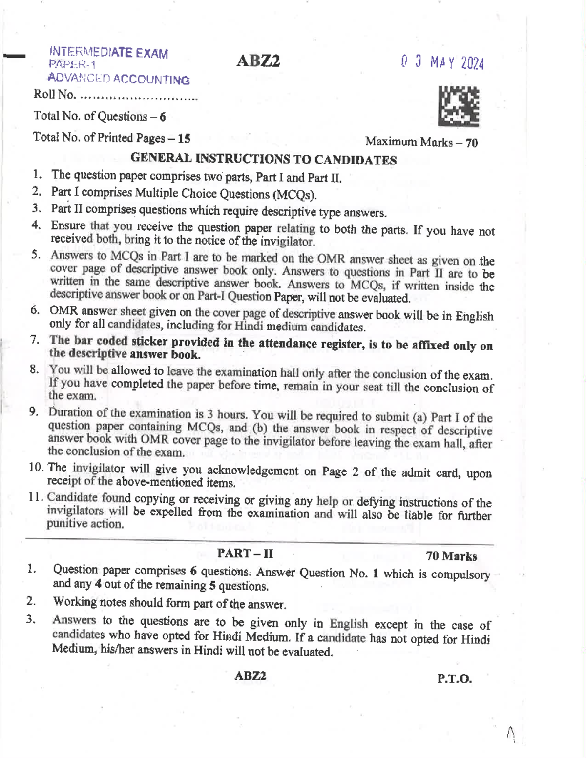 CA Inter May 2024 - Advanced Accounting Intermediate Exam Paper - Studocu