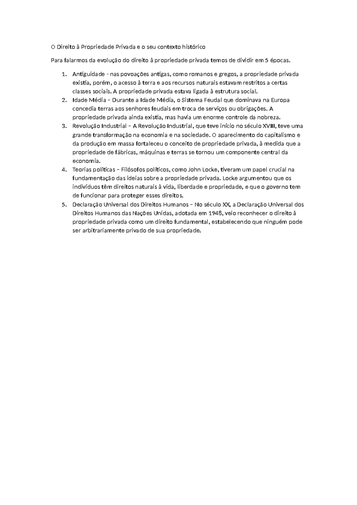 O Direito à Propriedade Privada: Evolução Histórica em 5 Épocas - Studocu