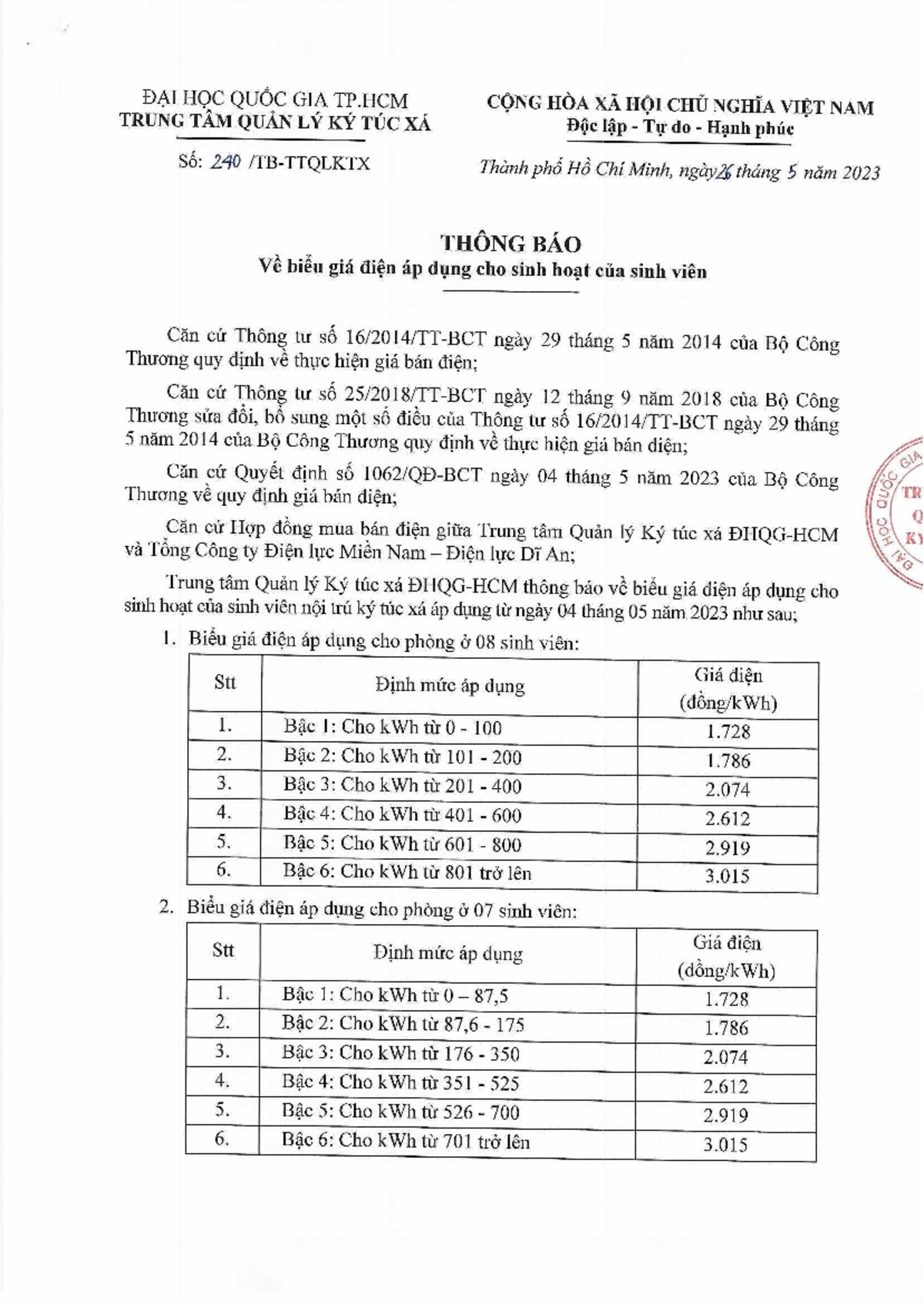 240-TB Biểu Giá Điện Áp Dụng Cho Sinh Hoạt Sinh Viên Nội Trú - Studocu