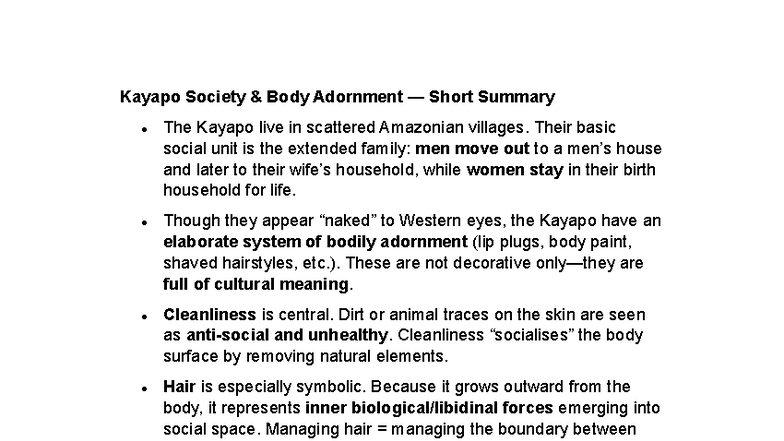 Kayapo Society Body Adornment & Rituals Summary - Studocu
