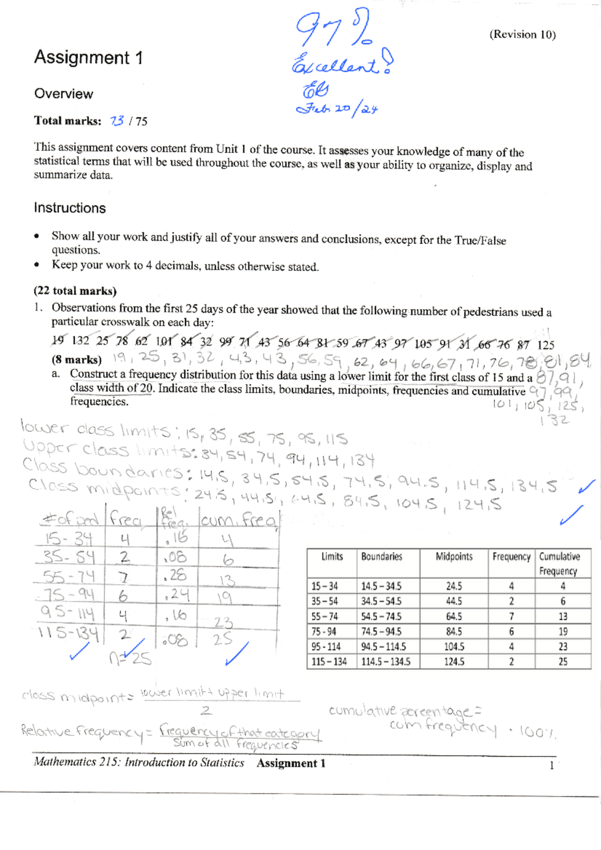 Assignment 1 graded - (Revision 10) Assignment 1 Excellent Overview Els Feb. Total marks: 73 75 ...